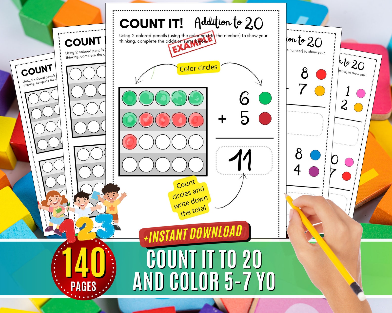 Color and Count Printable Addition to 20 Math Simple Worksheets ...
