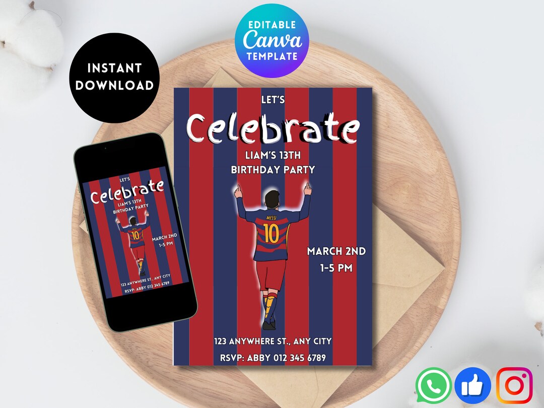 Invitación de cumpleaños editable de Messi Invitación a niños Messi ...