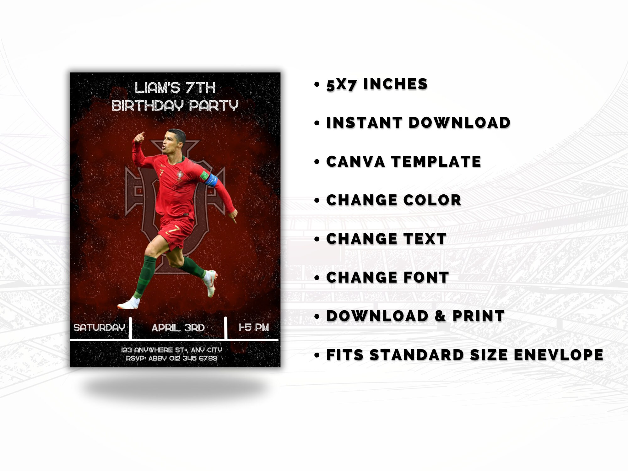 Cristiano Ronaldo Birthday Invitation Soccer Birthday Football Birthday ...