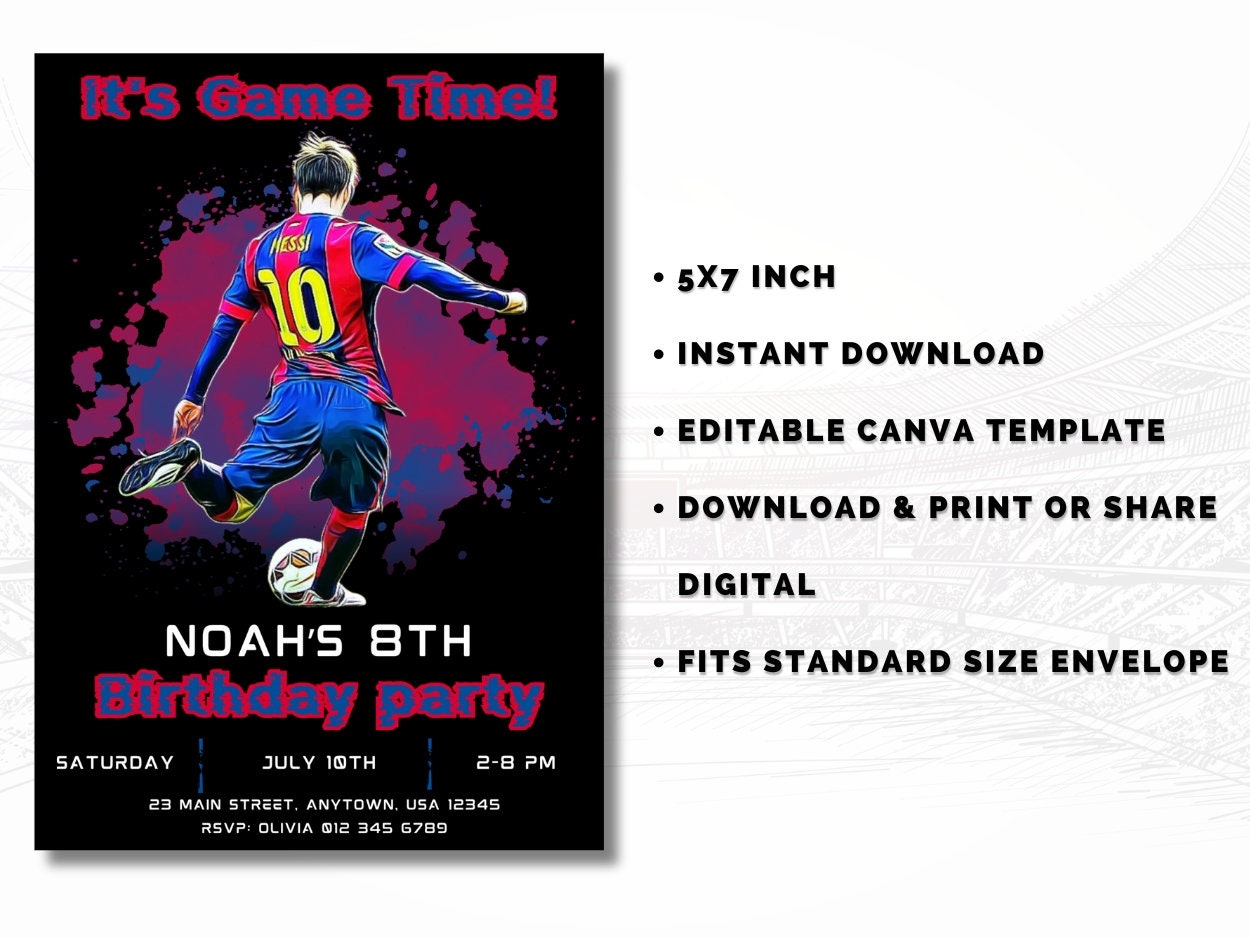 Editable Messi Birthday Invitation, Messi Barcelona Invite, Soccer ...