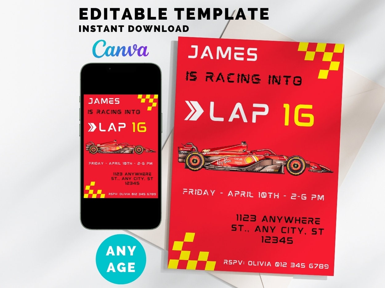 Formula 1 Birthday Invitation Ferrari Invitation F1 Party Invite ...