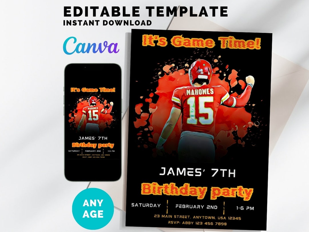 Editable Mahomes Birthday Invitation Chiefs Birthday Invite Football ...