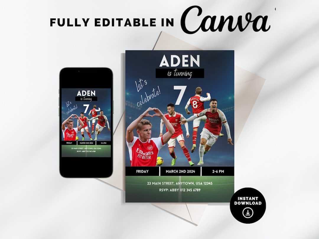 Arsenal Ødegaard Martinelli Birthday Invitation Football Birthday ...