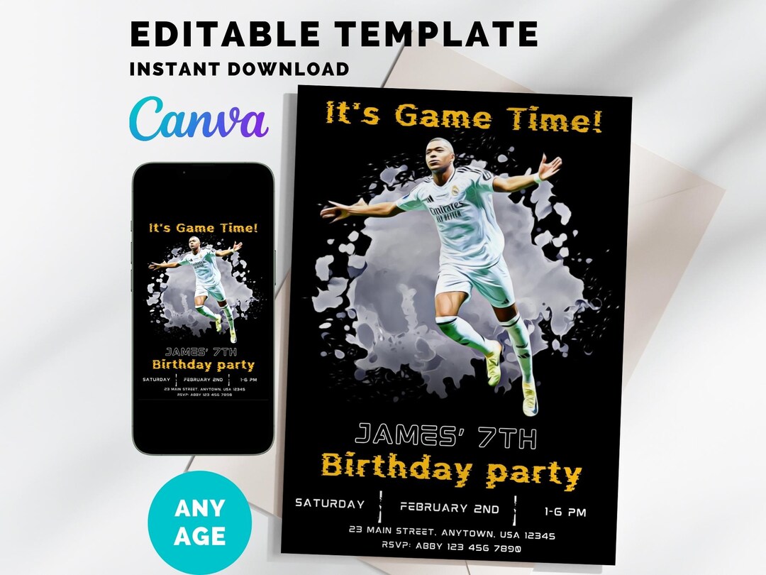 Editable Mbappe Birthday Invitation, Mbappe Real Madrid Birthday Invite ...