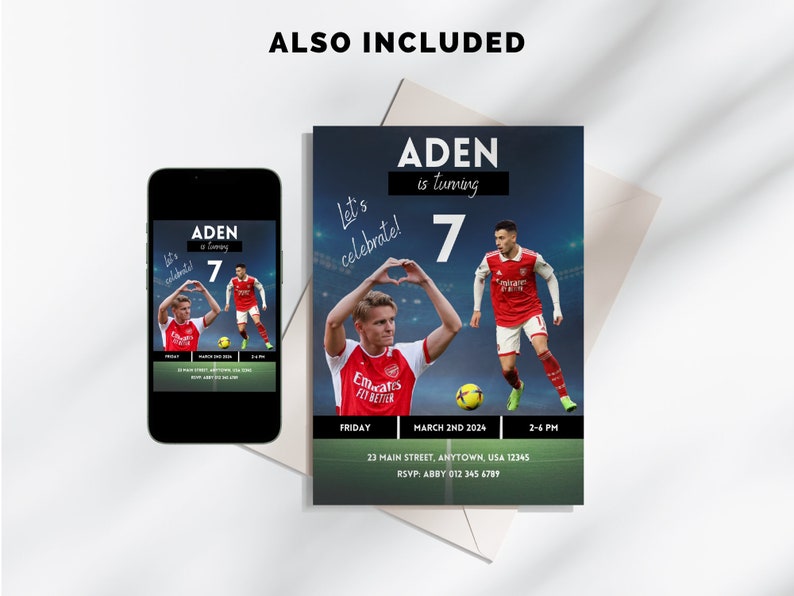 Arsenal Ødegaard Martinelli Birthday Invitation Football Birthday ...