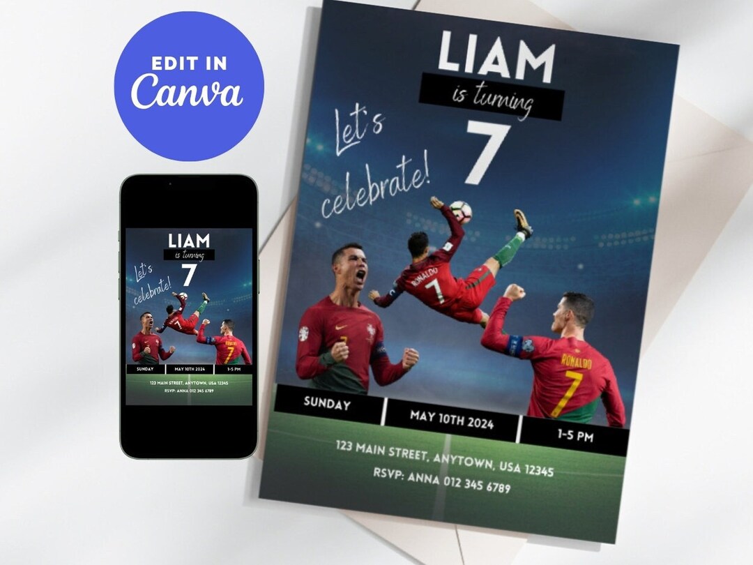 Cristiano Ronaldo Birthday Invitation, Soccer Birthday Invite, CR7 ...