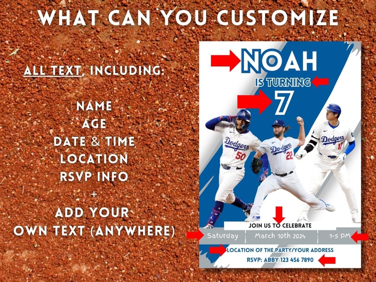 Dodgers Birthday Invitation, Ohtani Kershaw Betts Invitation, Baseball ...