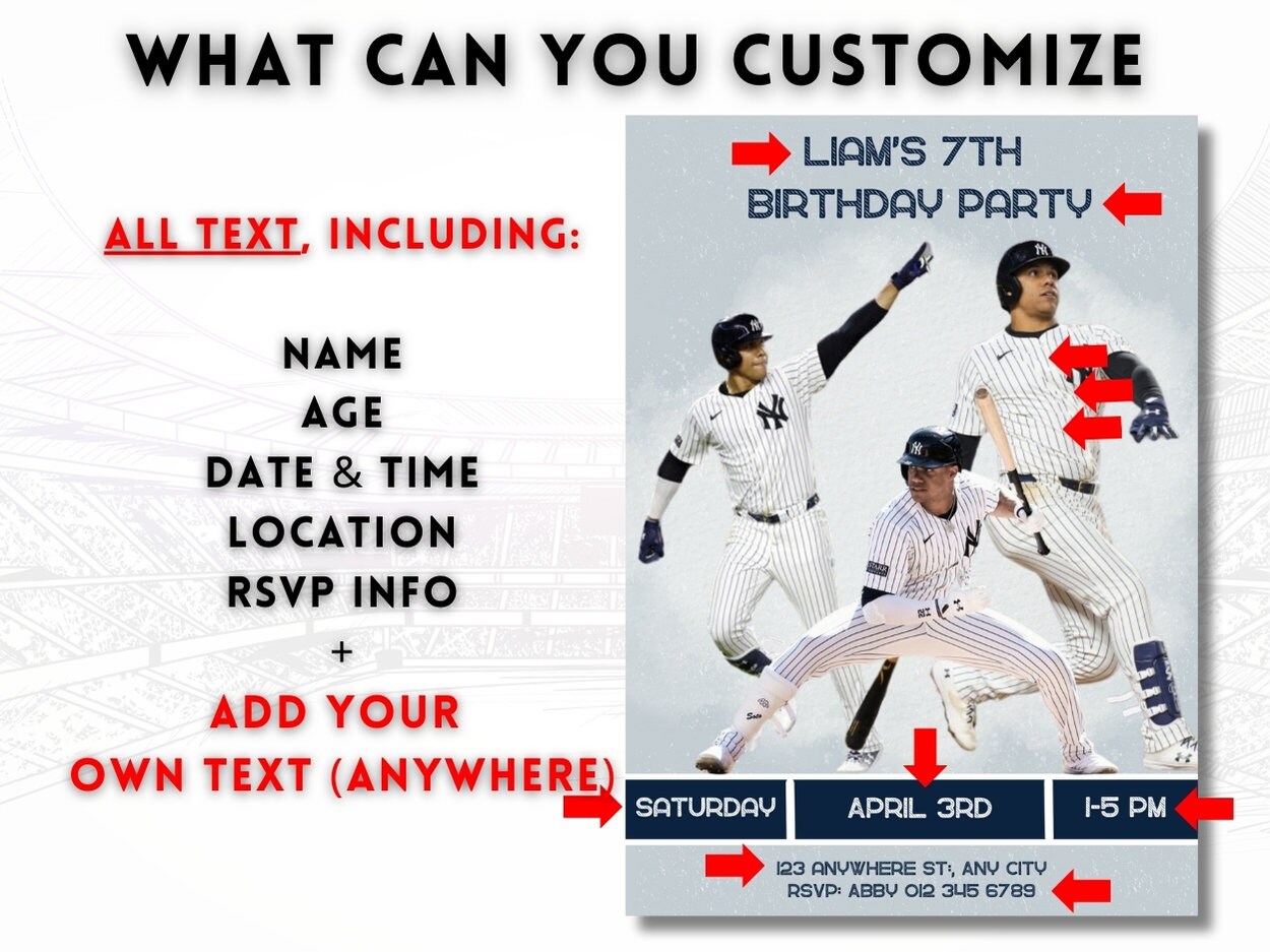 Editable New York Yankees Birthday Invitation Baseball Invite Juan