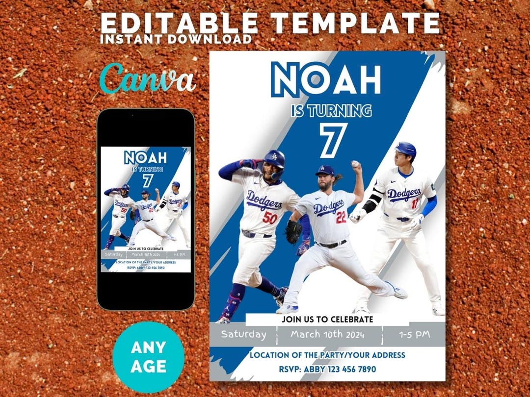 Dodgers Birthday Invitation, Ohtani Kershaw Betts Invitation, Baseball ...