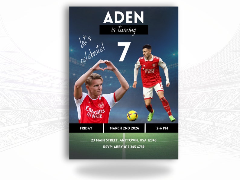 Arsenal Ødegaard Martinelli Birthday Invitation Football Birthday ...