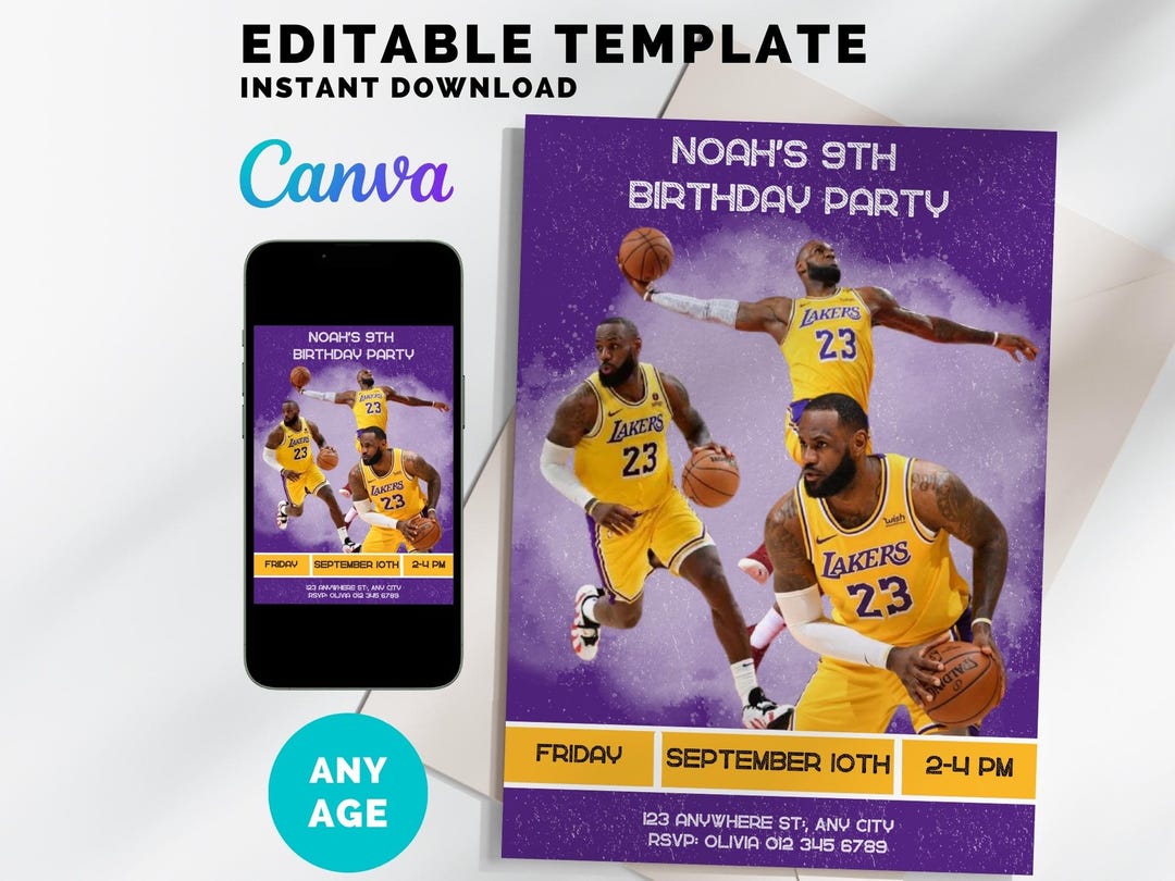 Lakers Themed Birthday Invitation, Lebron James Invitation, Basketball ...