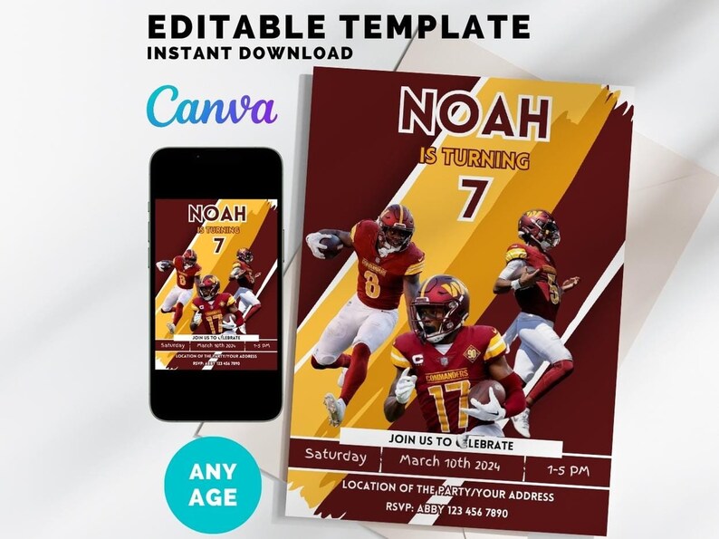 Commanders Themed Football Invitation, Washington Commanders, Football ...