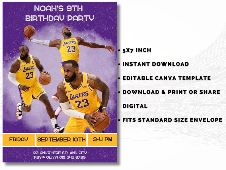 Lakers Themed Birthday Invitation, Lebron James Invitation, Basketball ...