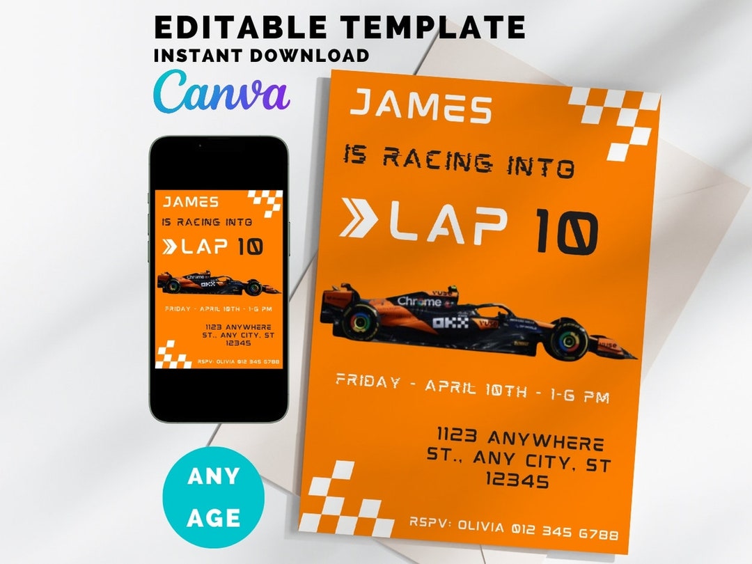 Formula 1 Birthday Invitation Mclaren Invitation F1 Party Invite ...
