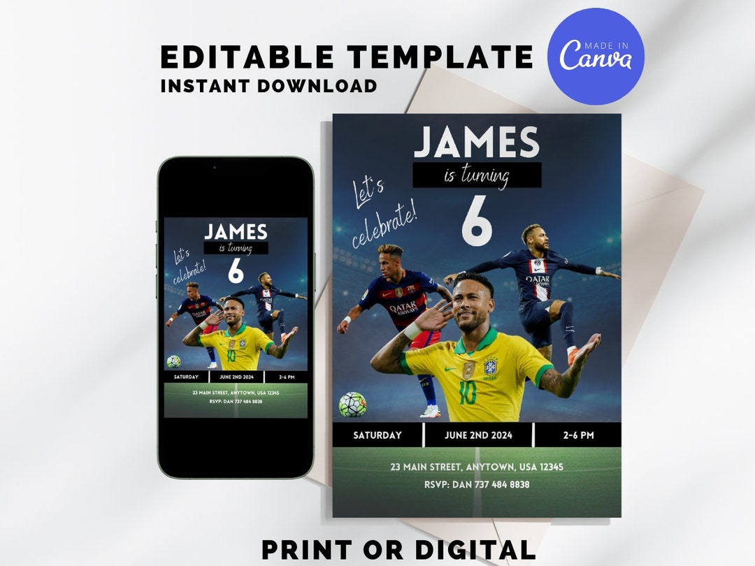 Neymar Jr Birthday Invitation Neymar Party Invitation Soccer Birthday ...