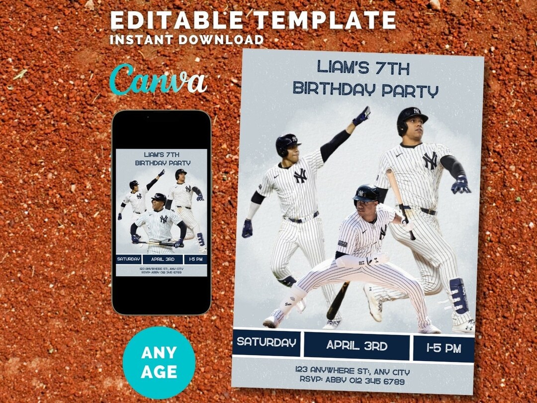 Editable New York Yankees Birthday Invitation Baseball Invite Juan