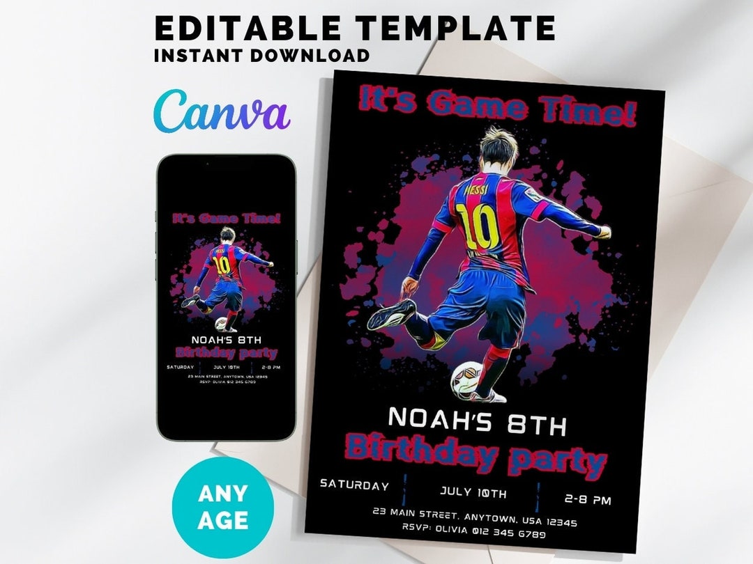 Editable Messi Birthday Invitation, Messi Barcelona Invite, Soccer ...