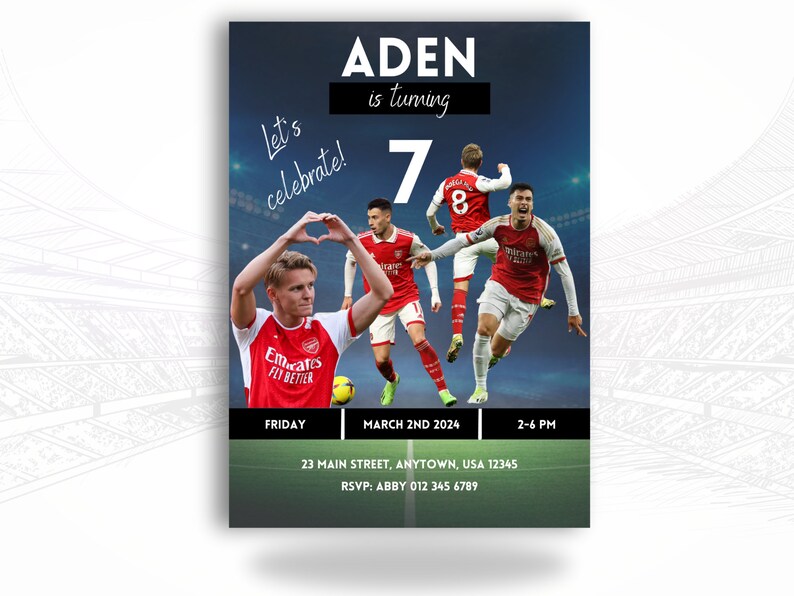 Arsenal Ødegaard Martinelli Birthday Invitation Football Birthday ...