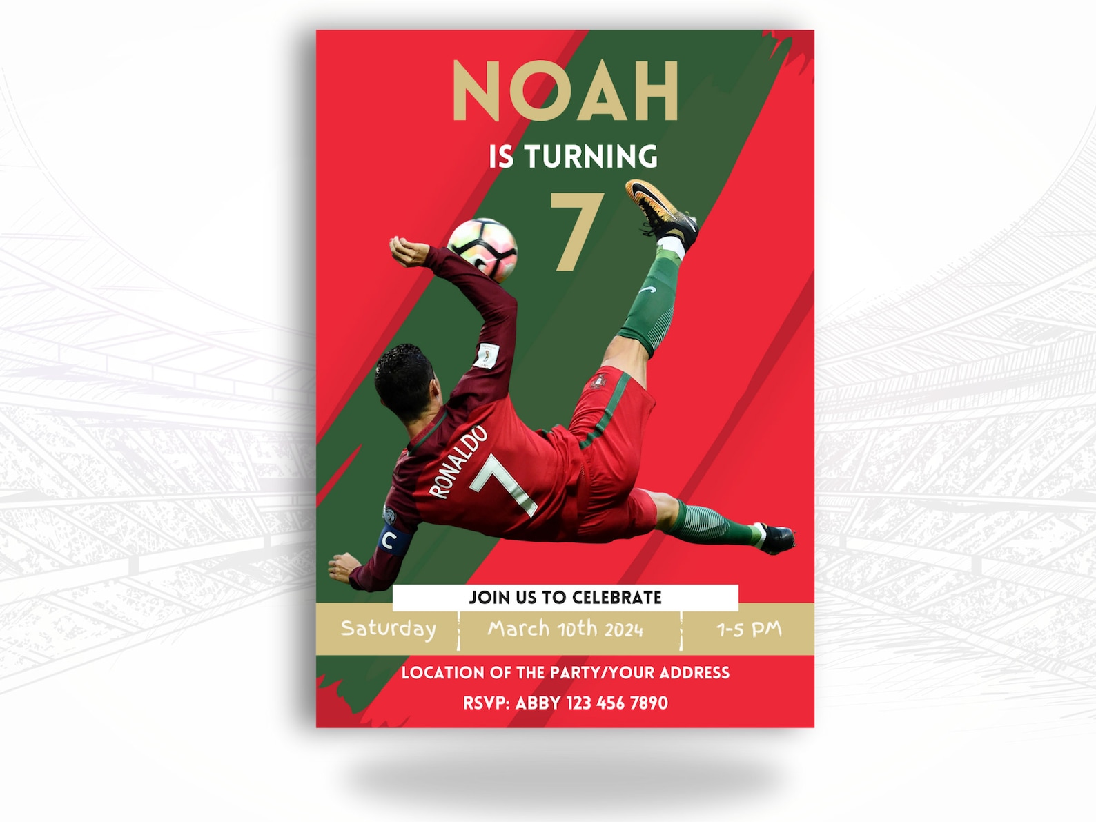 Cristiano Ronaldo Birthday Invite Editable Birthday Invitation Soccer ...