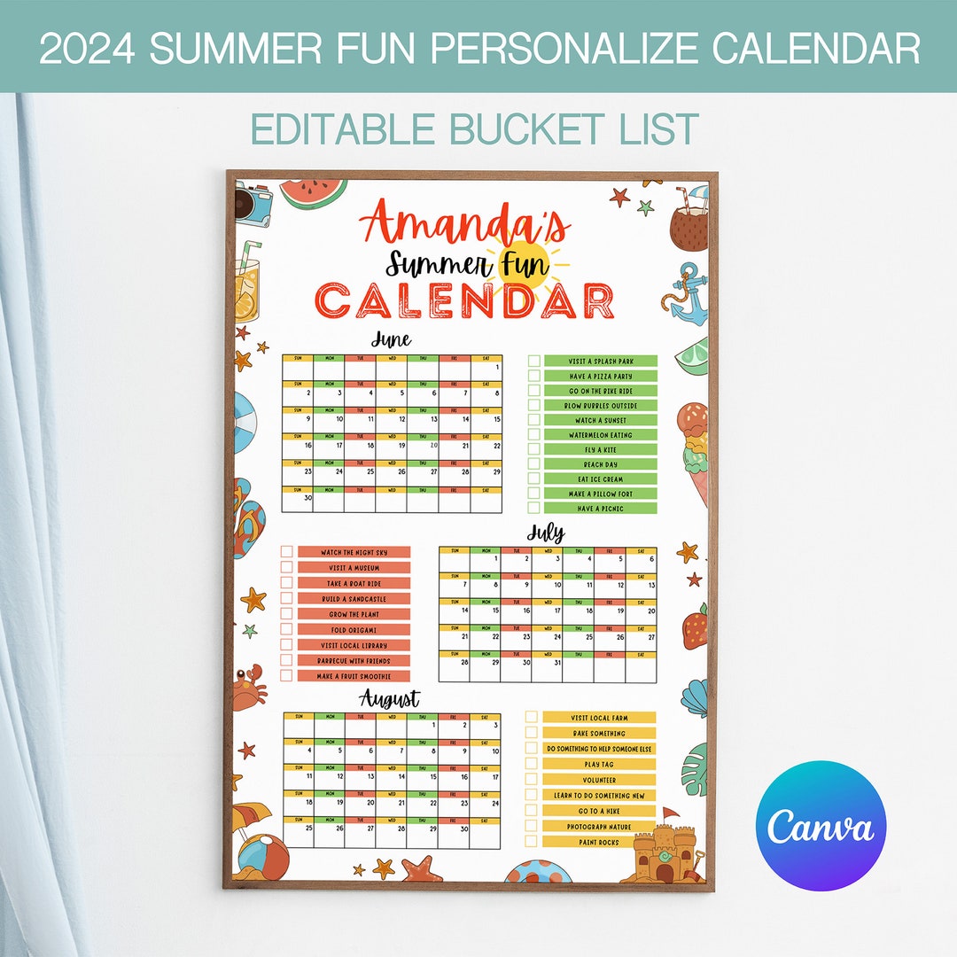 Editable Summer Calendar Poster Fun Activity Checklist Printable Summer ...