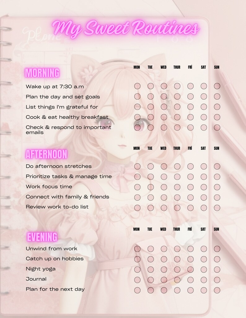 Printable Pink Anime Weekly Planner, Digital Undated Weekly Plan, Anime ...