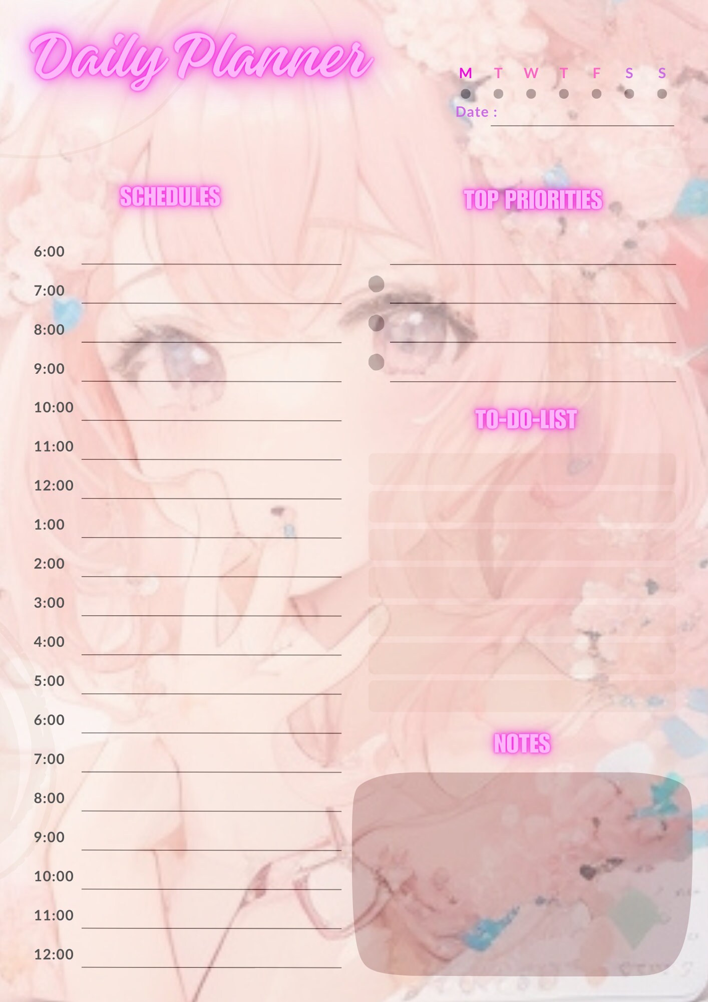 Pink Cute Anime Planner Package, Printable Undated Anime Daily Weekly ...