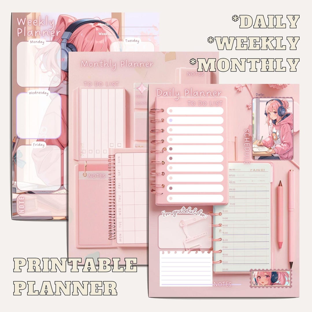 Pink Anime Planner Pack, Printable Daily Weekly Monthly Planner Set ...