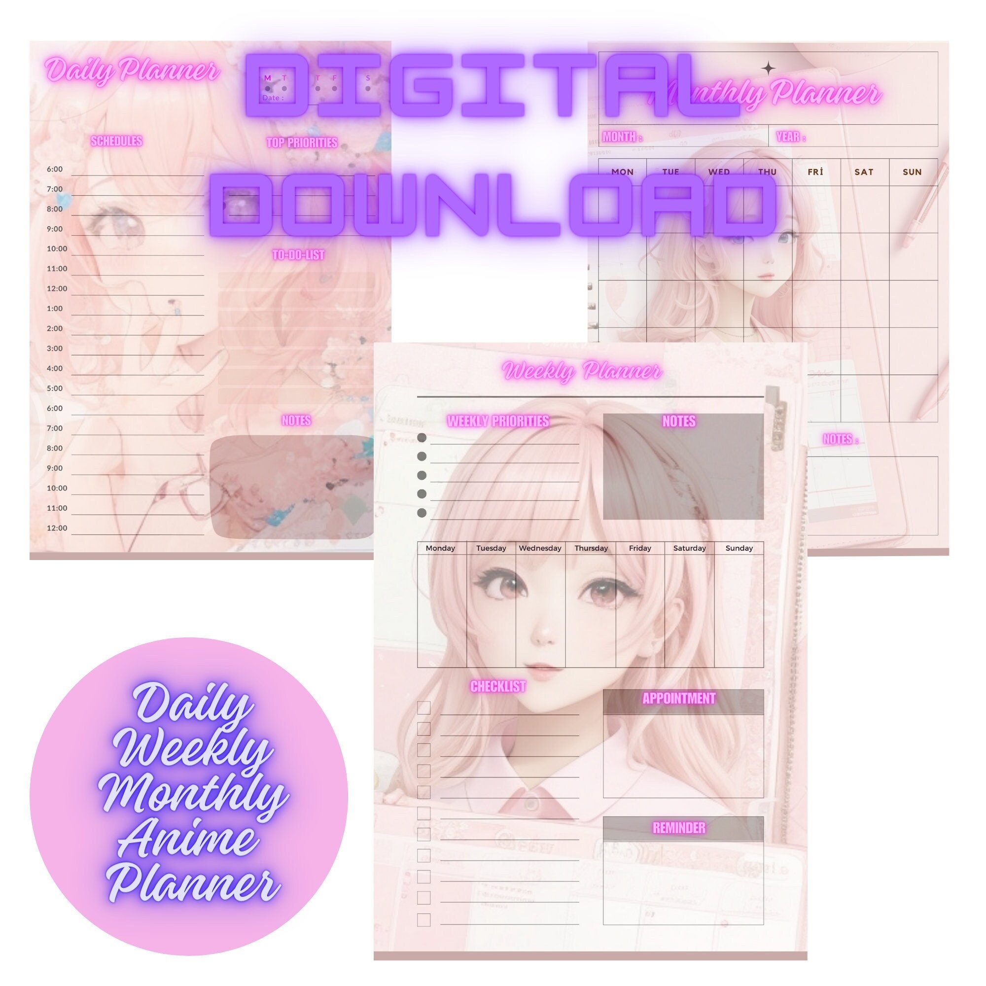 Pink Cute Anime Planner Package, Printable Undated Anime Daily Weekly ...