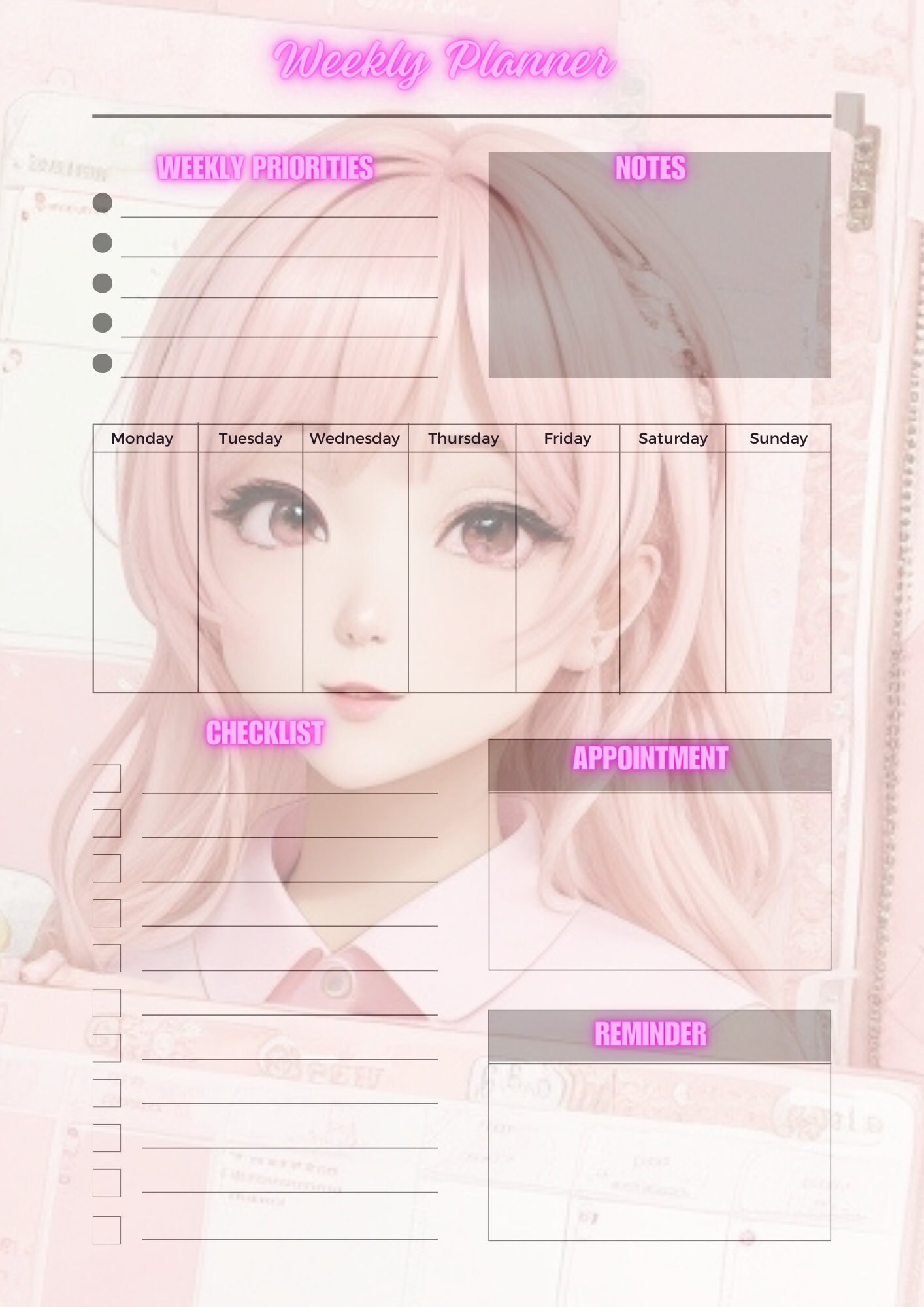 Pink Cute Anime Planner Package, Printable Undated Anime Daily Weekly ...