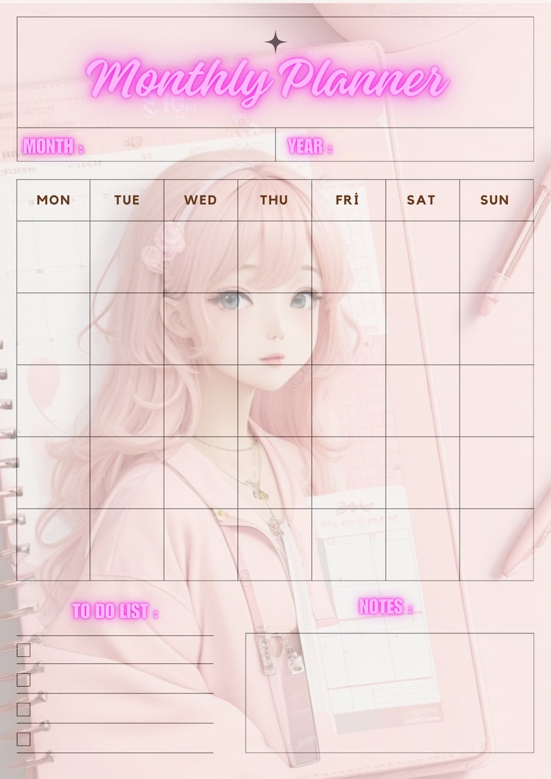 Pink Cute Anime Planner Package, Printable Undated Anime Daily Weekly ...