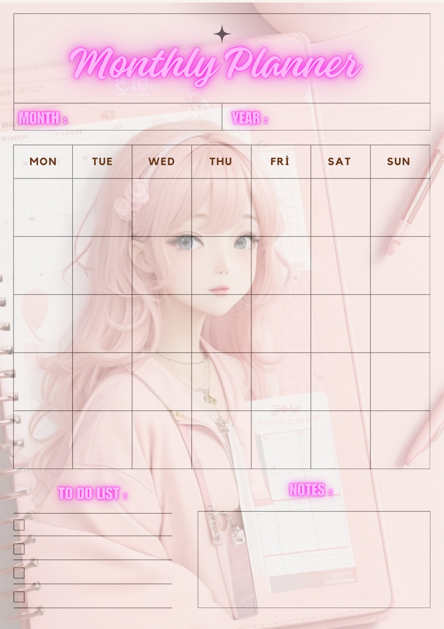 Pink Cute Anime Planner Package, Printable Undated Anime Daily Weekly ...
