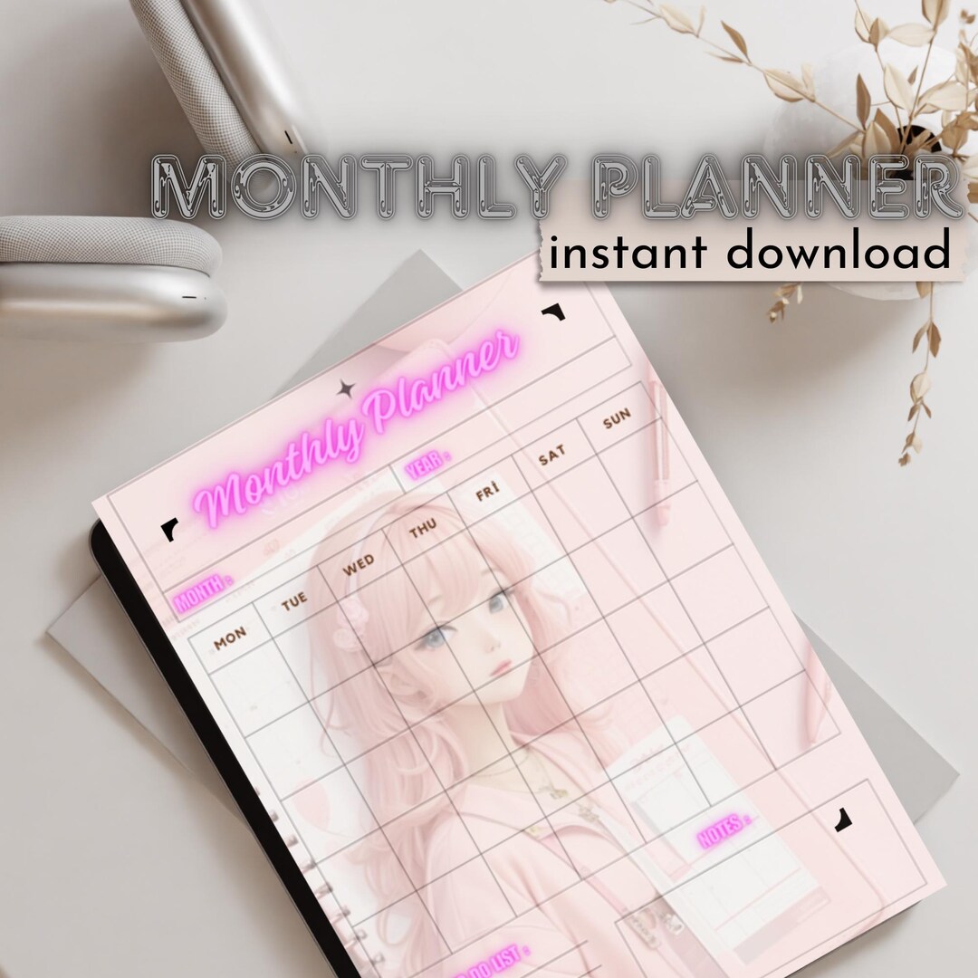 Pink Anime Printable Monthly Planner, Cute Anime Checklist Gift ...