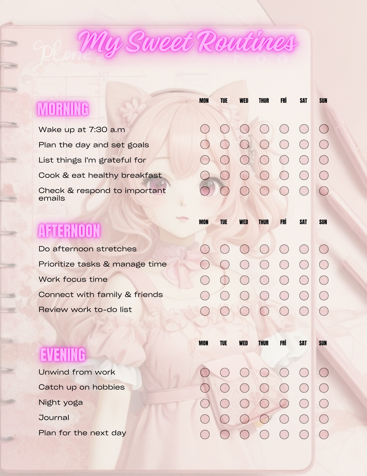 Pink Anime Daily Planner, Printable Anime Undated Daily Template, Anime ...