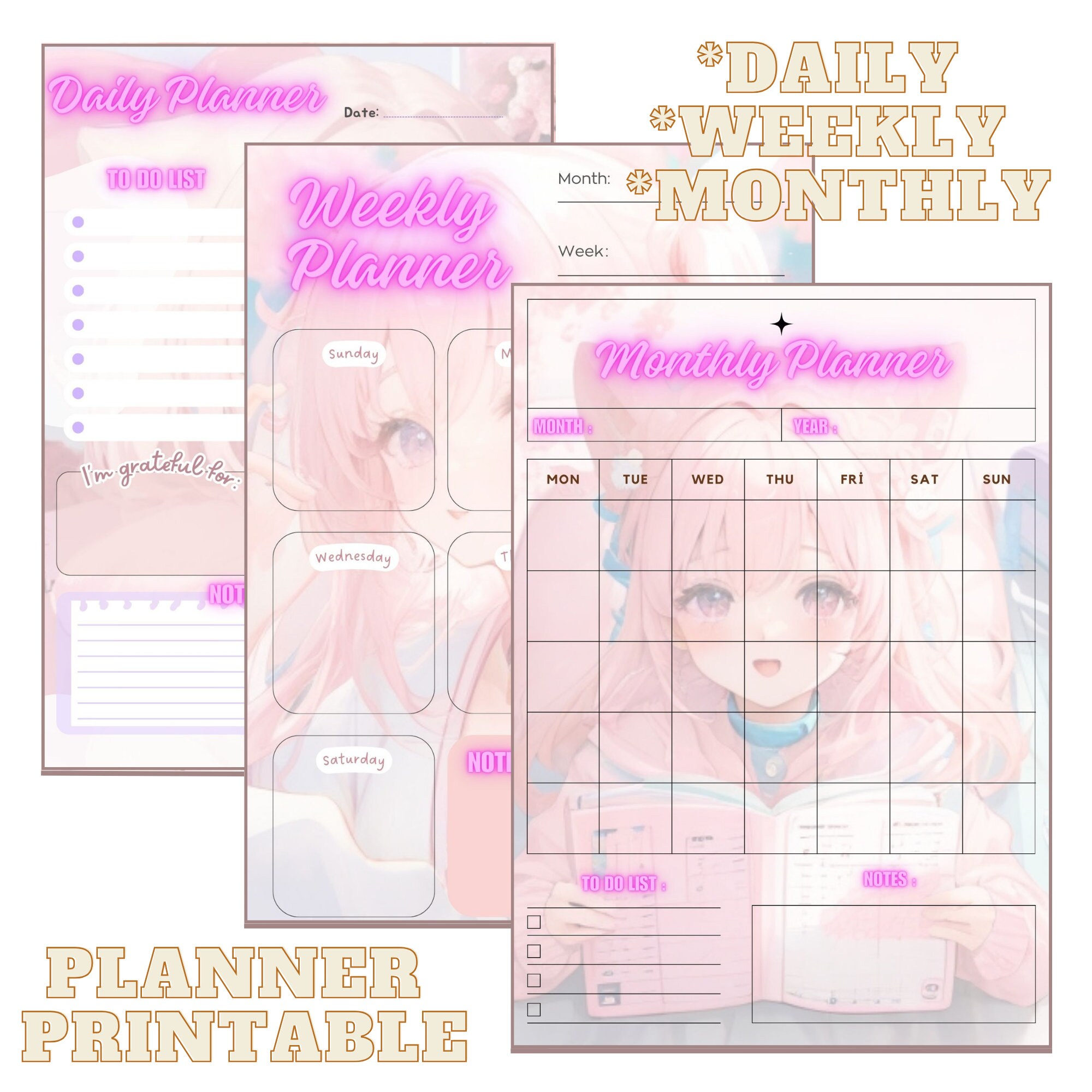 Pink Anime Planner Pack 2024 2025, Daily, Weekly, Monthly Printable ...