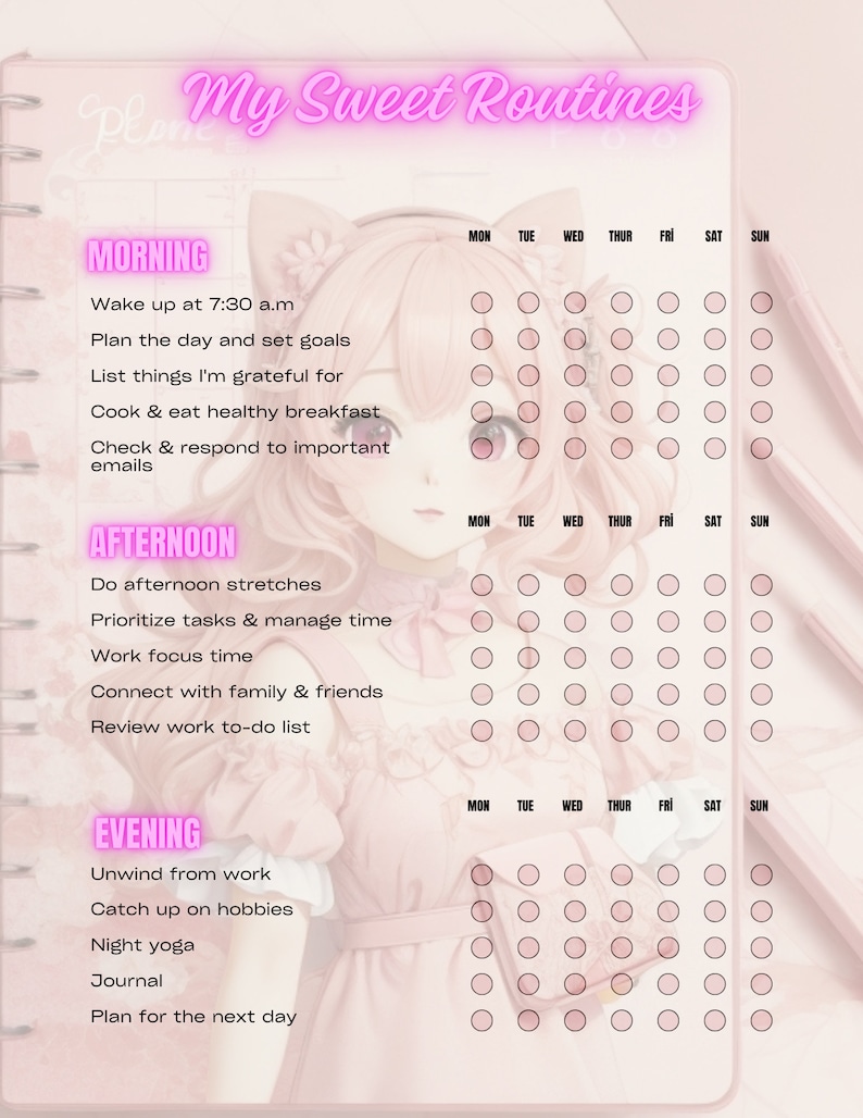 Printable Pink Anime Weekly Planner, Digital Undated Weekly Plan, Anime ...
