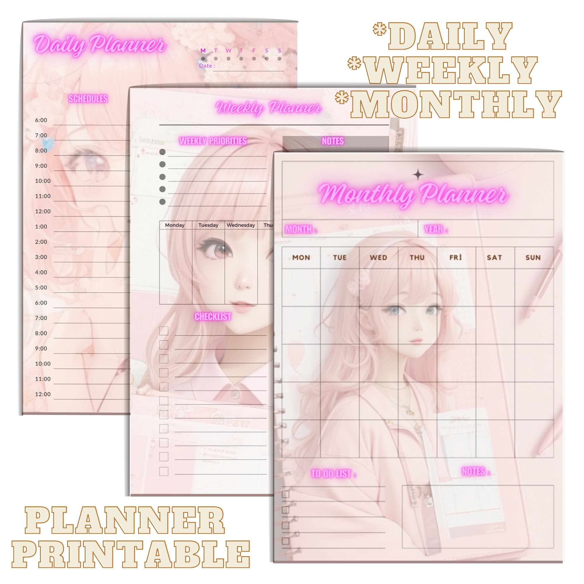 Pink Cute Anime Planner Package, Printable Undated Anime Daily Weekly ...