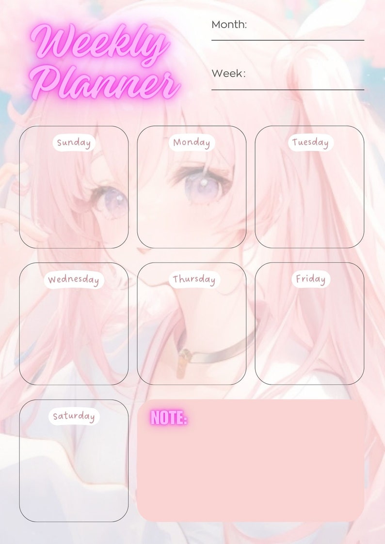 Printable Pink Anime Weekly Planner, Digital Undated Weekly Plan, Anime ...