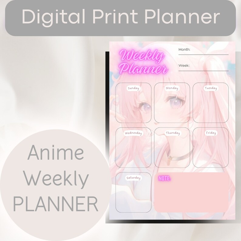 Printable Pink Anime Weekly Planner, Digital Undated Weekly Plan, Anime ...