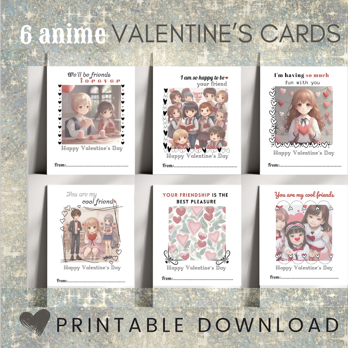 Preschool Soft Anime Valentine's Cards for Kids & Classroom Printable ...