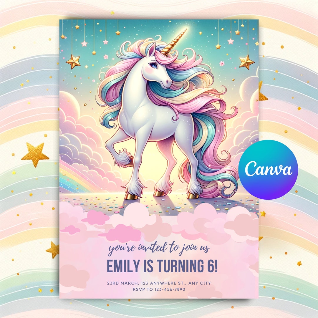 Magical Unicorn Birthday Invitation Pastel Rainbow Fantasy Party Invite ...