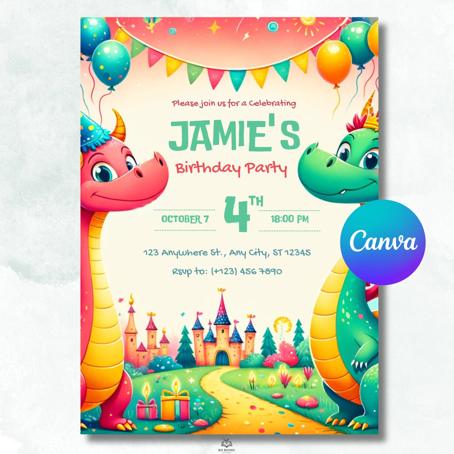 Dragon Birthday Invitation Digital Party Invite Kids Dragon Theme ...