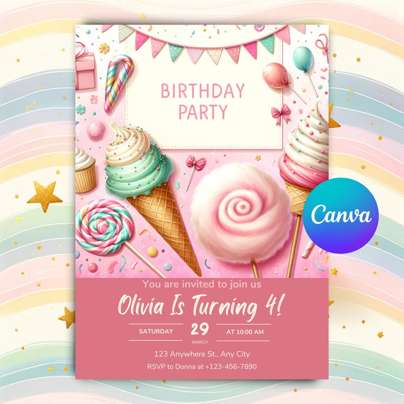Candy Birthday Invitation Lollipop Ice Cream Donut Cupcake and Sweets ...