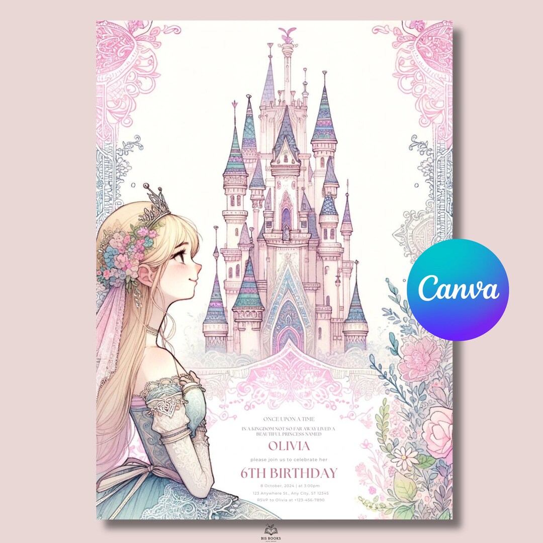 Princess Birthday Invitation With Castle, Editable Princess Birthday ...
