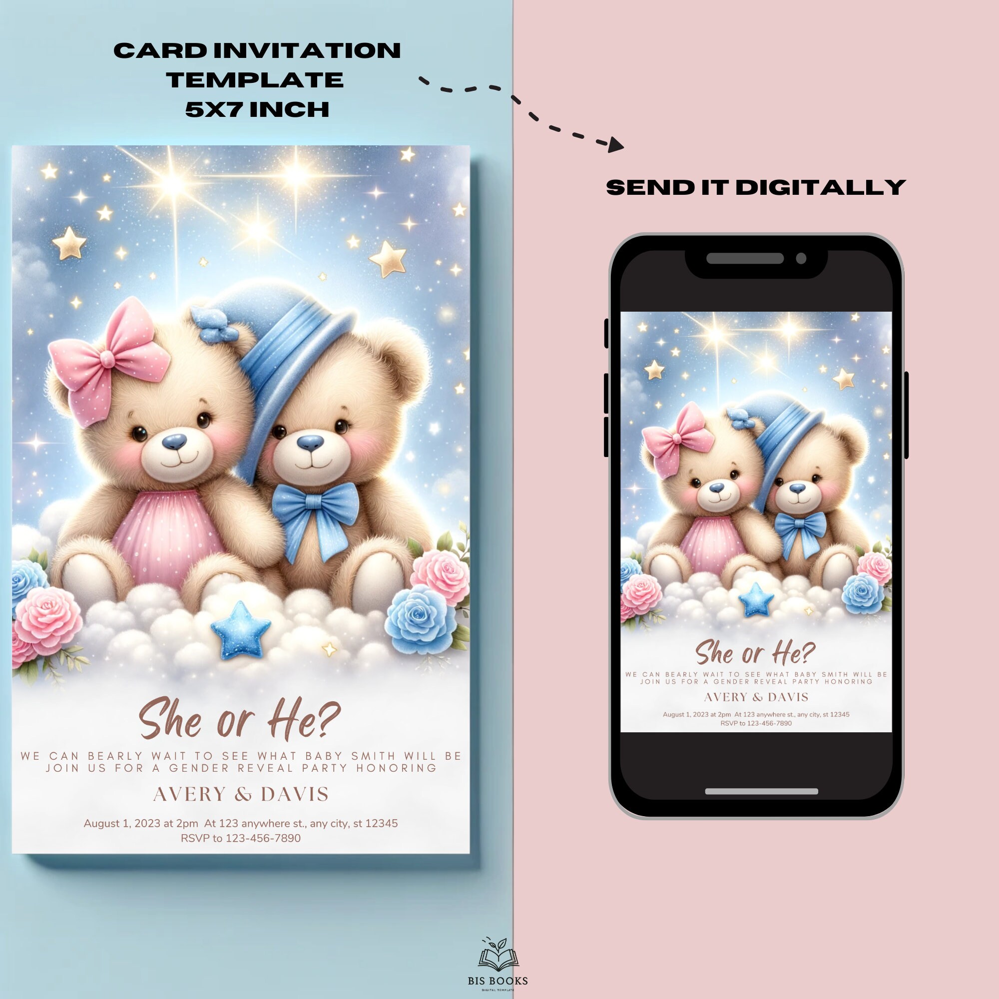EDITABLE Teddy Bears Gender Reveal Invitation, Baby Boy or Girl Party ...