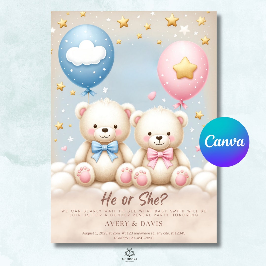 Teddy Bears Gender Reveal Invitation, Baby Boy or Girl Party Invite ...