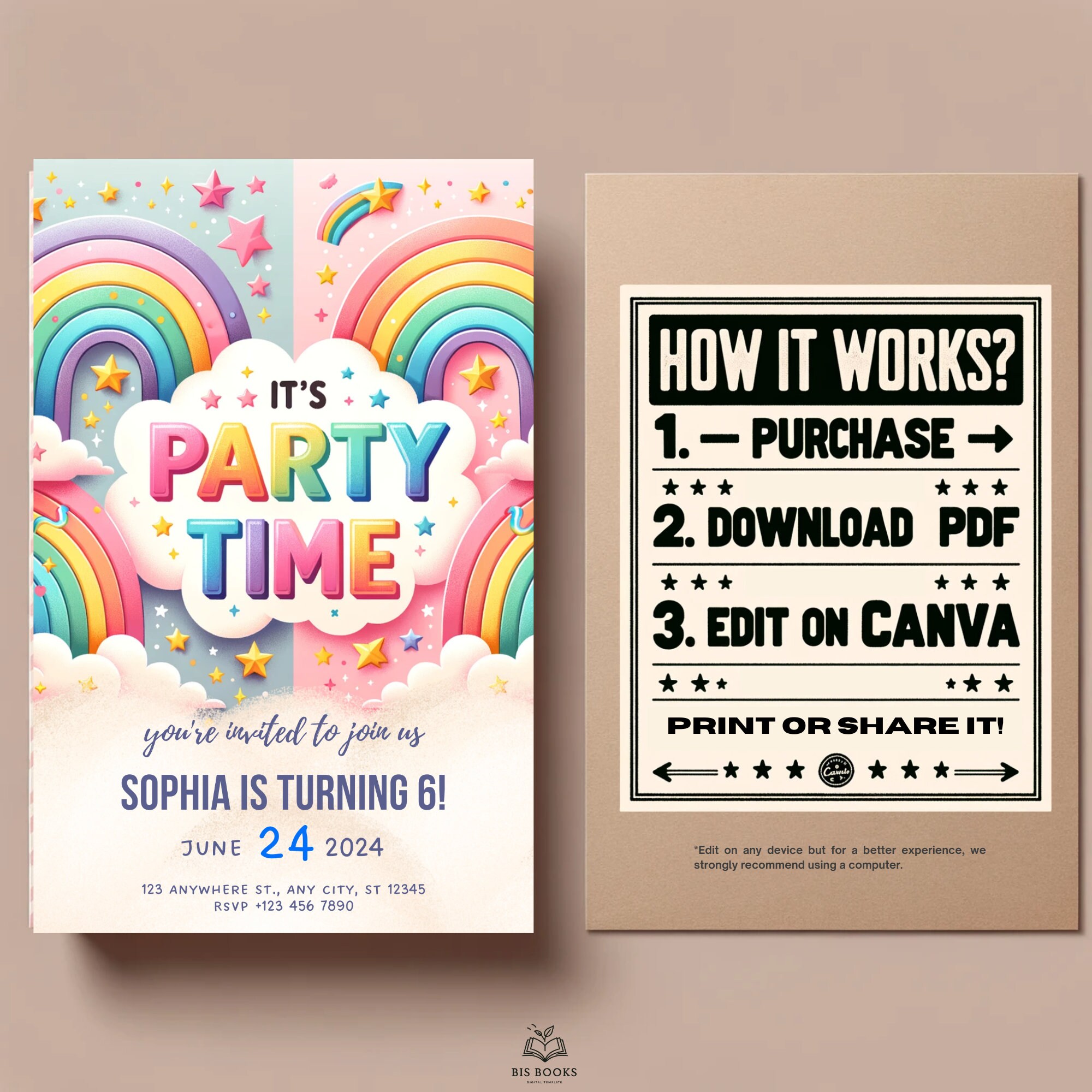 Personalized Rainbow Birthday Invitation Colorful Party Time Birthday Invitation, Kids Magical ...