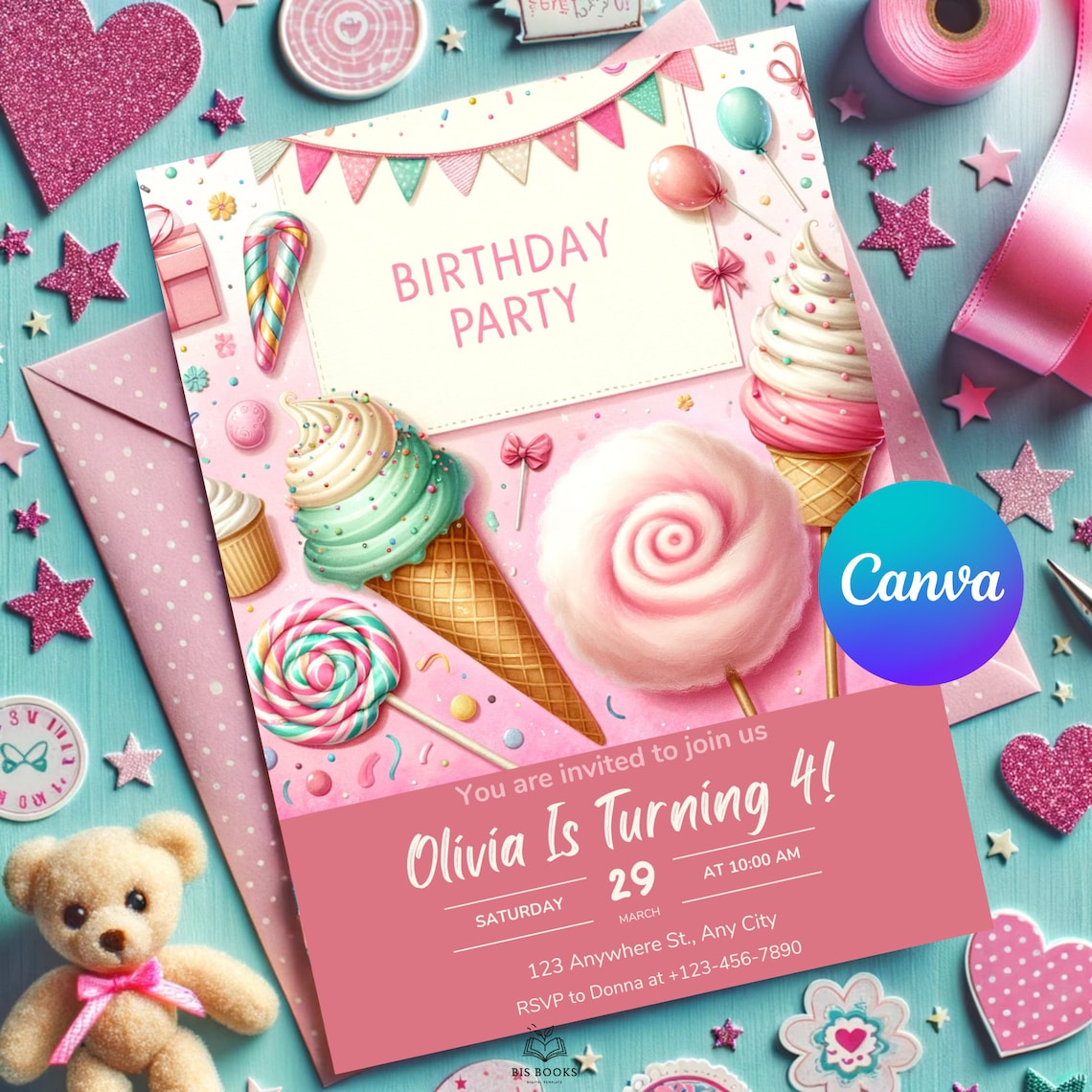 Candy Birthday Invitation Lollipop Ice Cream Donut Cupcake and Sweets ...
