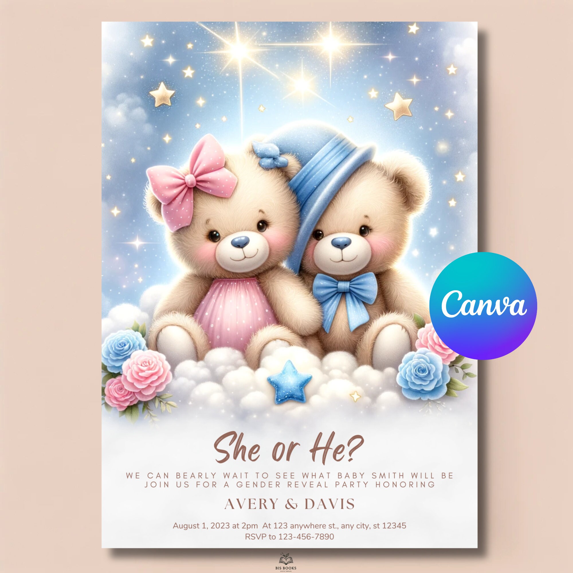EDITABLE Teddy Bears Gender Reveal Invitation, Baby Boy or Girl Party ...
