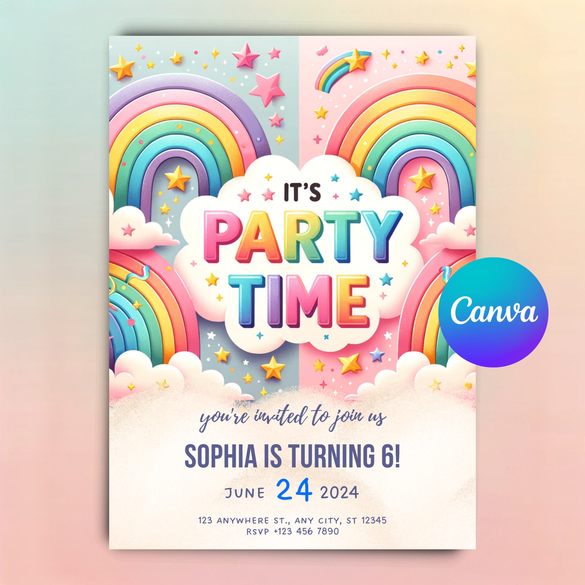Personalized Rainbow Birthday Invitation Colorful Party Time Birthday Invitation, Kids Magical ...