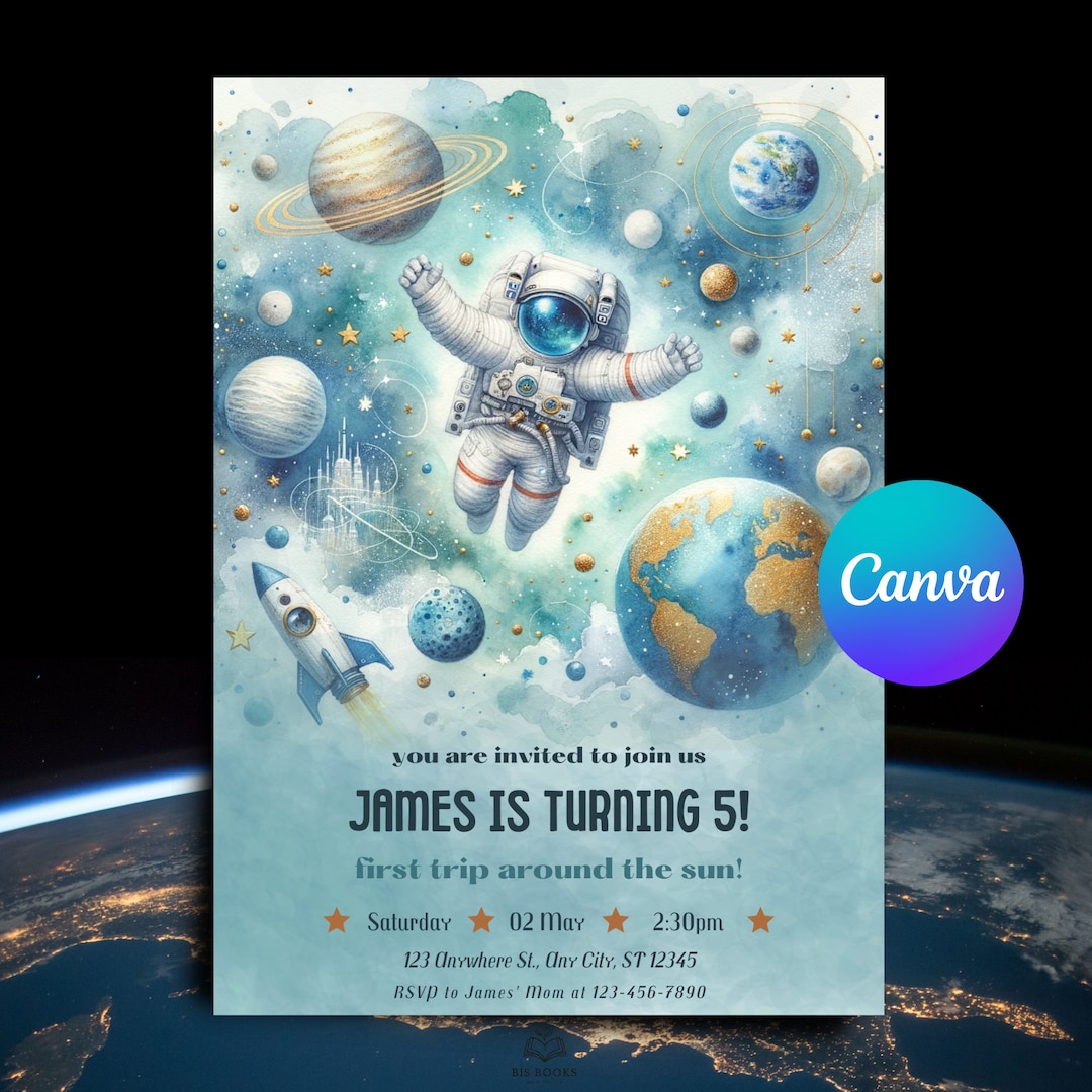Galaxy Space Birthday Invitation Astronaut Planets Cosmos Card ...